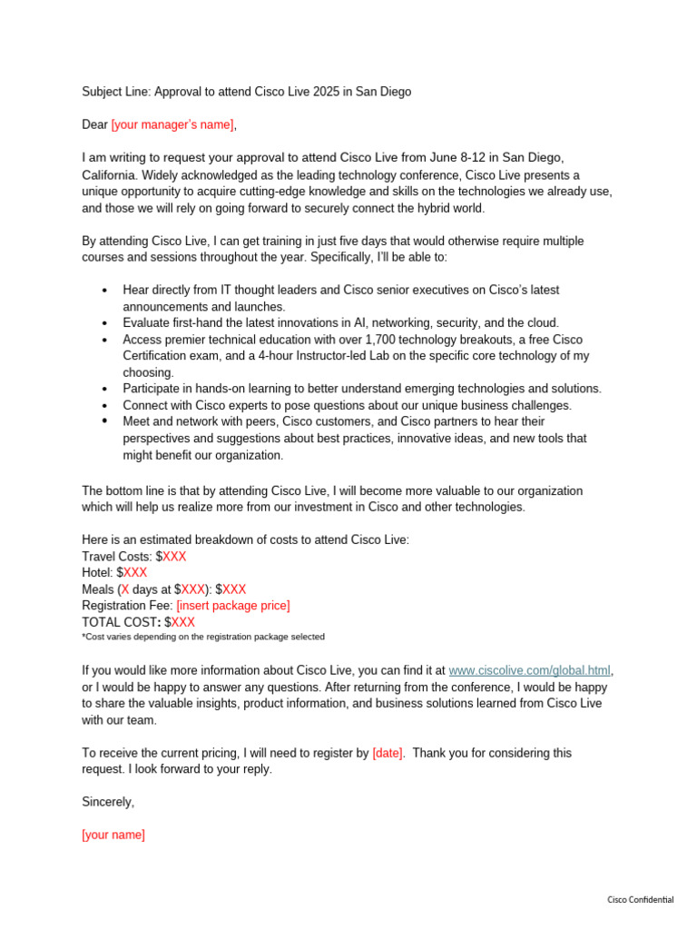Cisco Live 2025 San Diego Convince Your Boss Letter | PDF | Learning