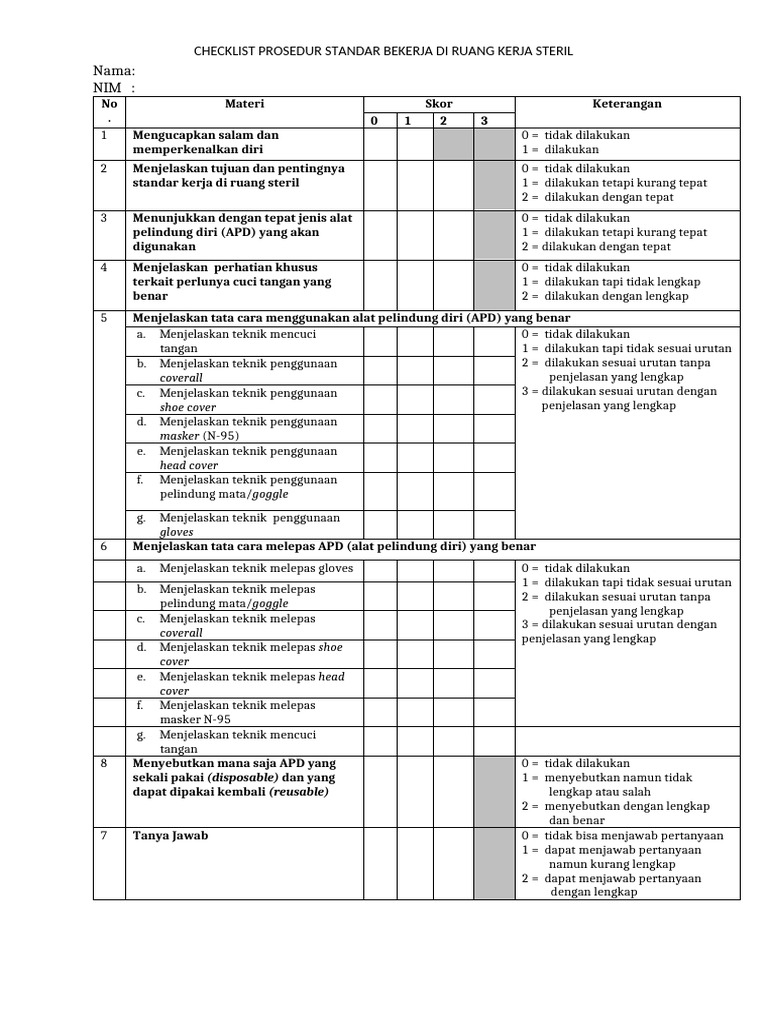 Checklist Perbekalan Steril (APD) | PDF