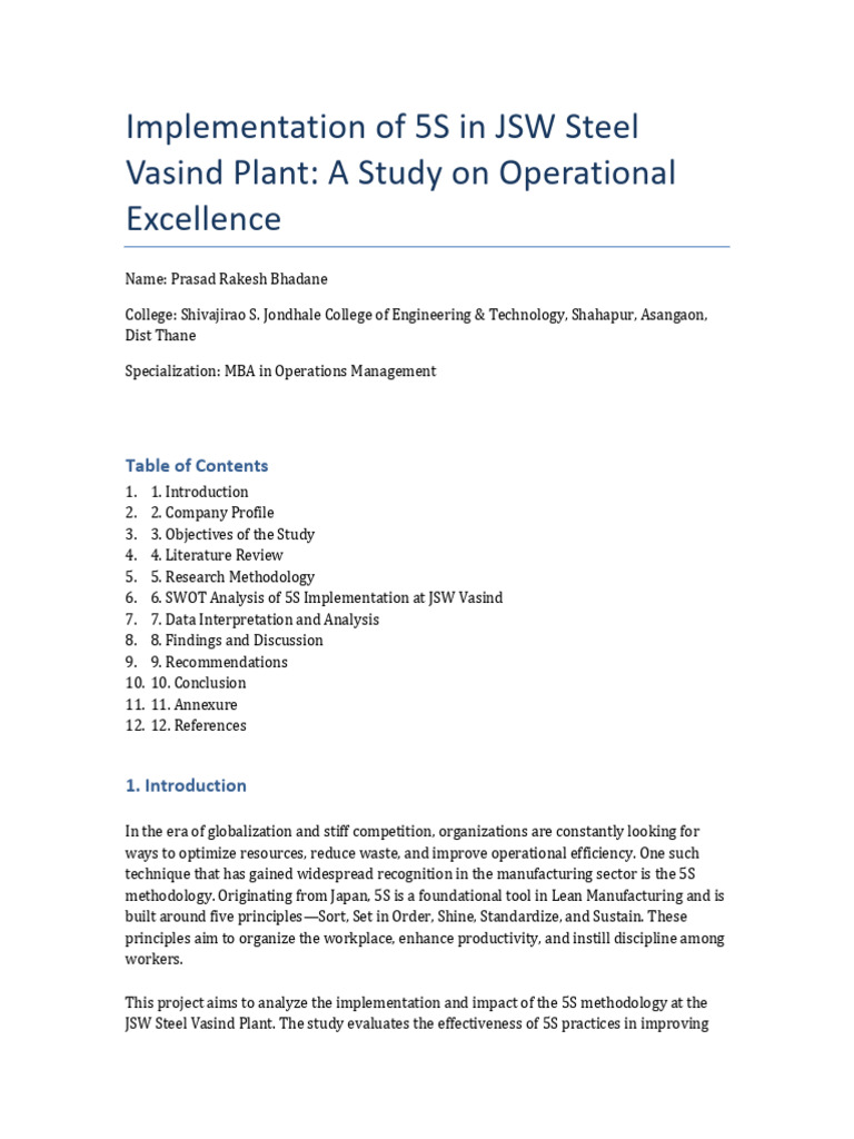 5S Implementation at JSW Steel Vasind | PDF