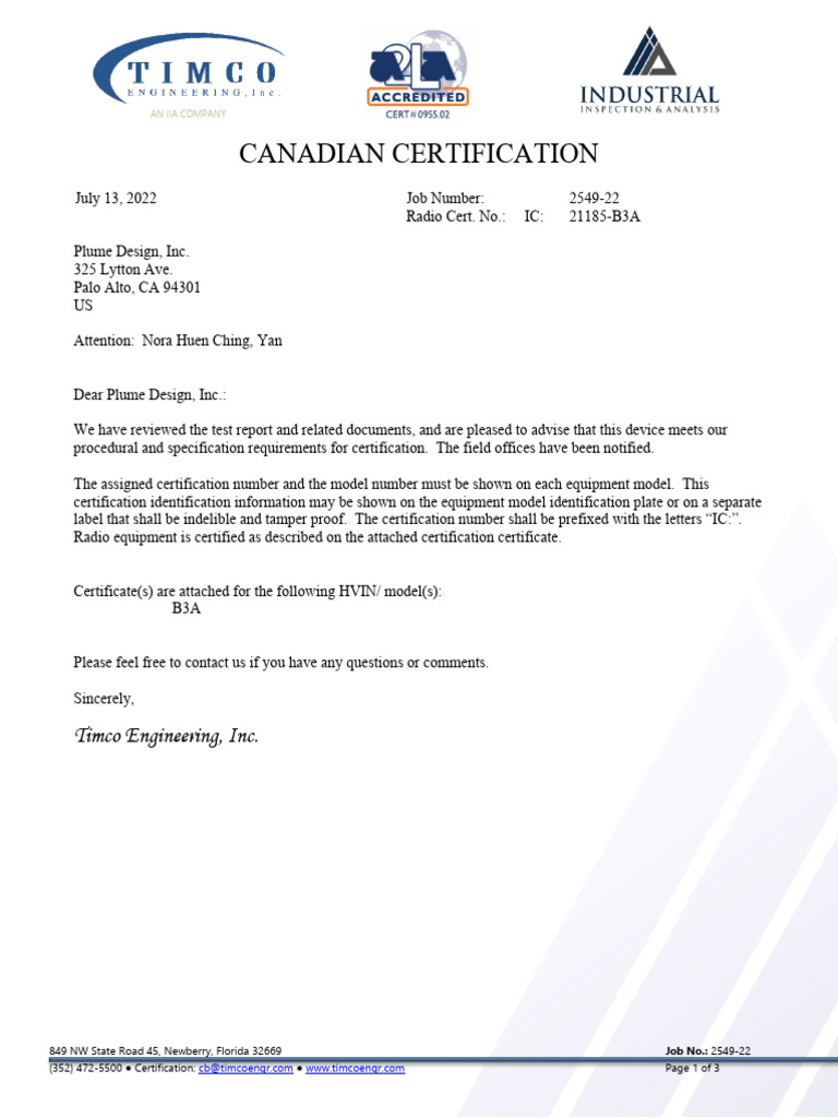 21185-B3A ISED Certificate | PDF | Electromagnetic Spectrum | Radio Wave