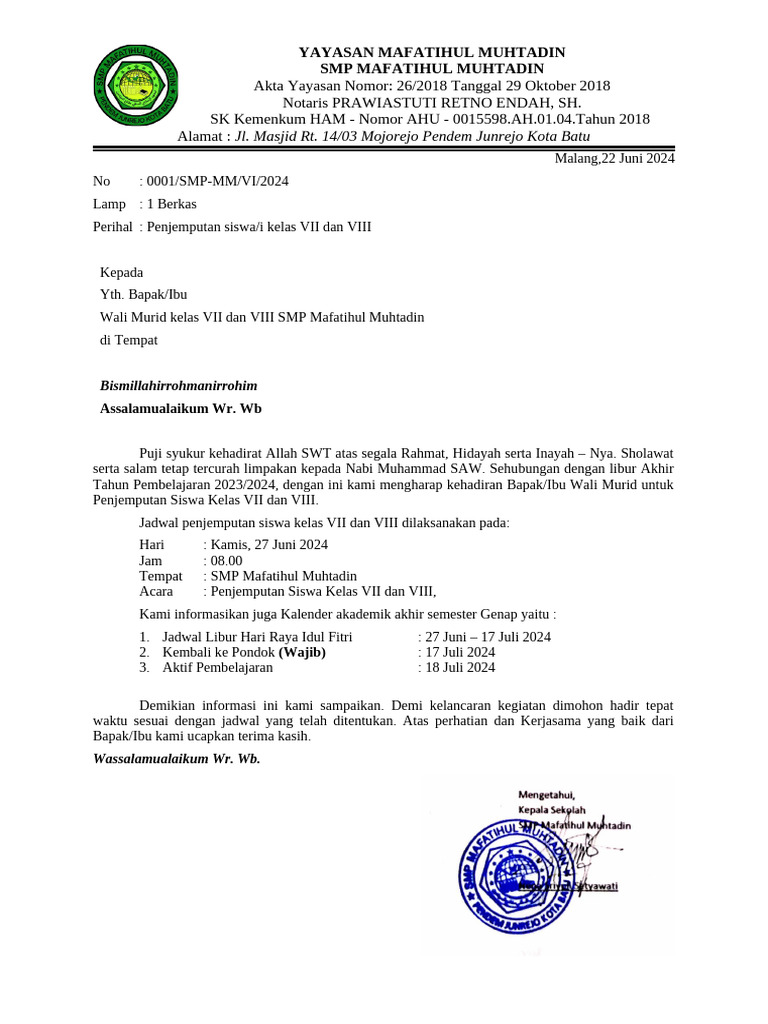 Undangan Penjemputan Siswa - 24Jun | PDF