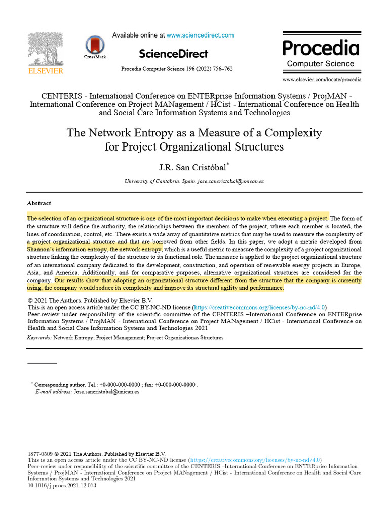 The Network Entropy As A Measure of A Complexity For Project ...