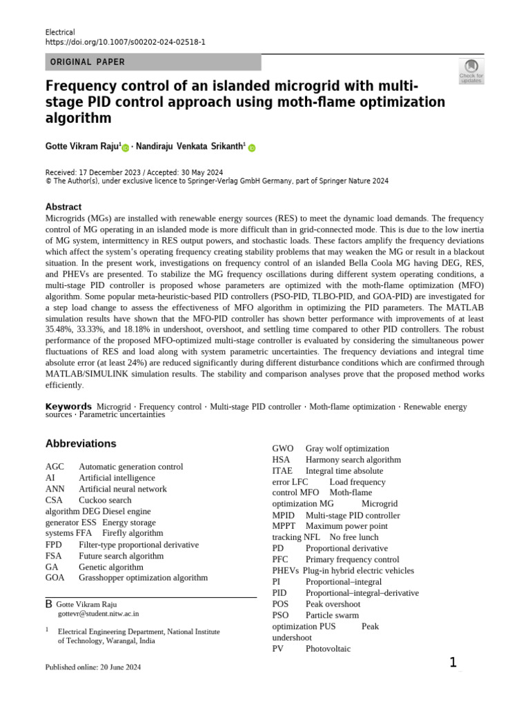 Frequency Control of An Islanded Microgrid With Multi-Stage PID Control Approach Using Moth ...