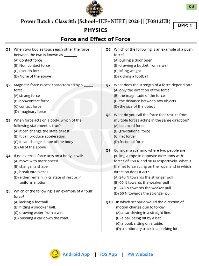 Force and Pressure DPP 01 | PDF | Force | Physical Sciences