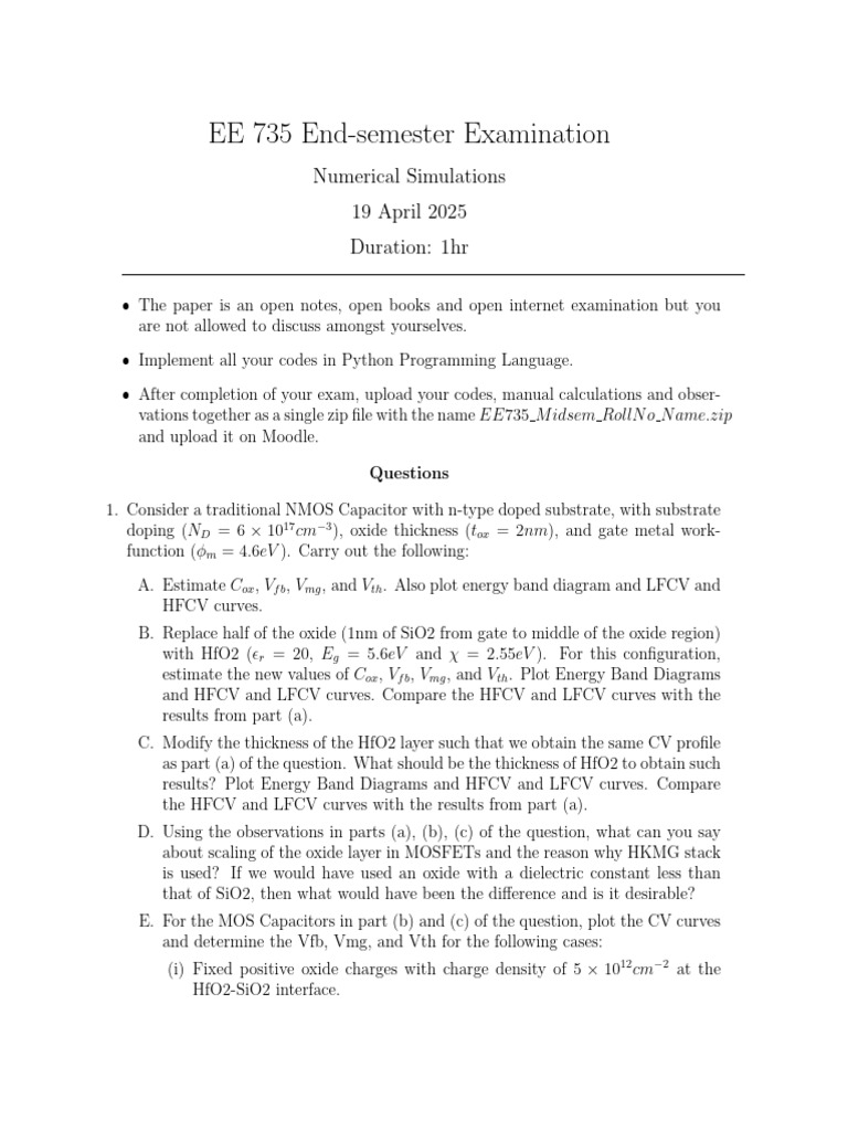 EE735_Endsem_QuestionPaper | PDF | Mosfet | Electronics