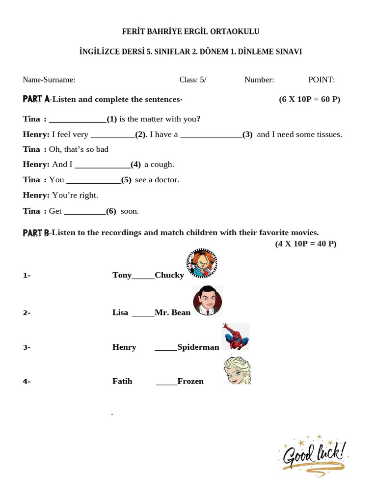 5th Grades English Lesson 2nd Term 1st Listening Exam | PDF