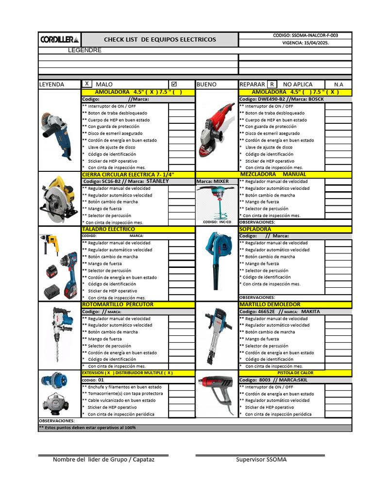 Checklist de Equipos Eléctricos 2023 | PDF | Electricidad | Cable