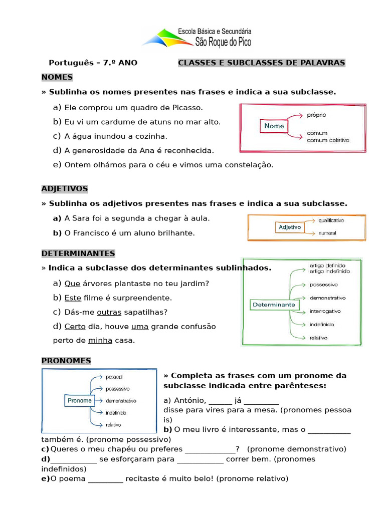 Classes Subclasses Palavras 1 | PDF | Pronome | Famílias linguísticas