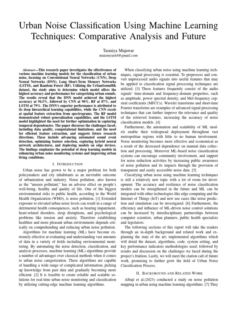 Urban Noise Classification Using Machine Learning Techniques Comparative Analysis and Future ...