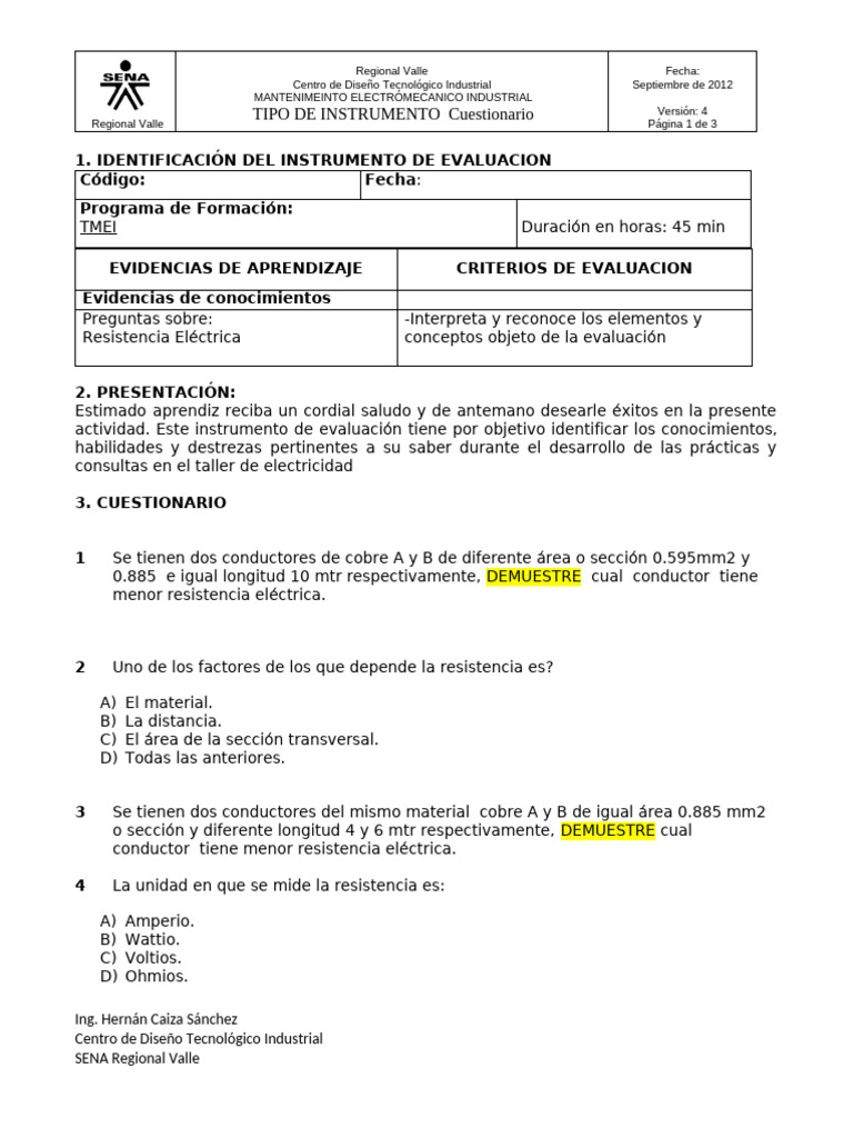 Evaluación - Resistencia Eléctrica MESA 2 V4 | PDF | Resistor ...