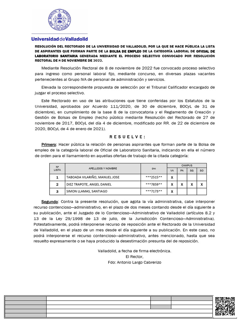 Resolución del Rectorado de la Universidad de Valladolid, por la que se hace pública la lista de ...