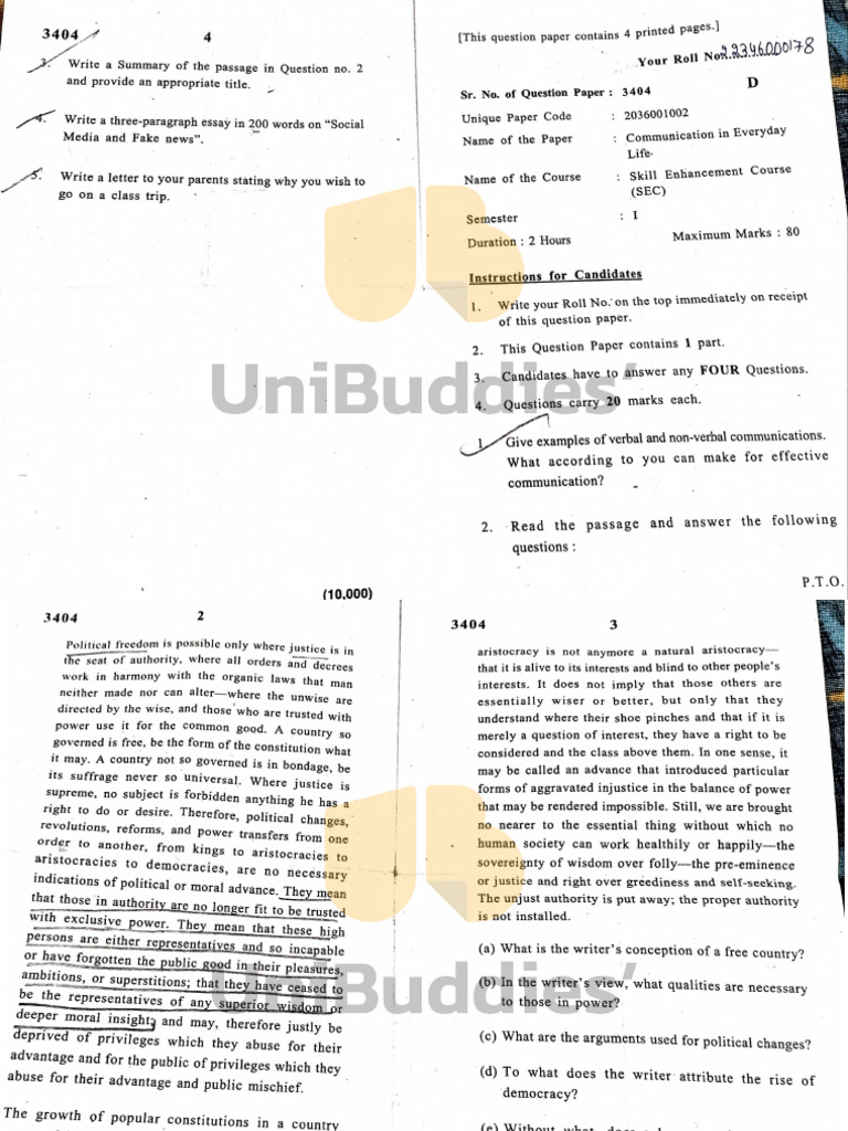 Communication in Everyday Life Pyqs | PDF