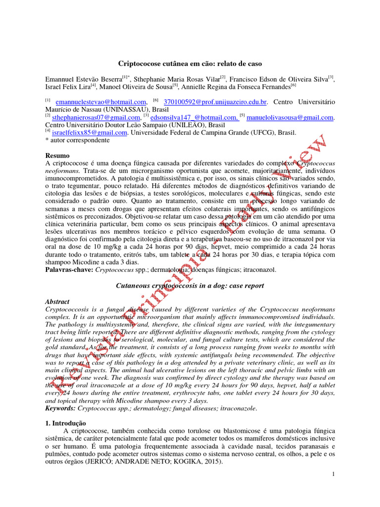 Criptococose Cutanea em Cao Relato de Caso | PDF | Cães | Biologia