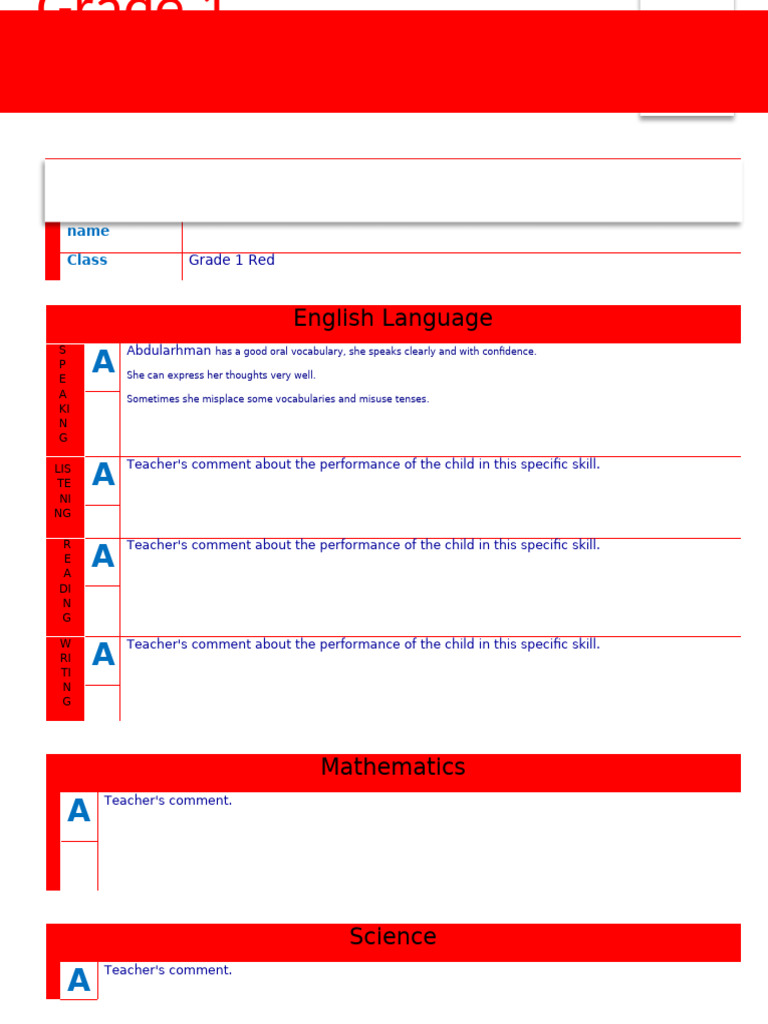 First Grade Report Card | PDF