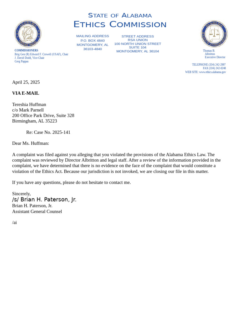 Ethics Complaint Closure: 2025-141 | PDF