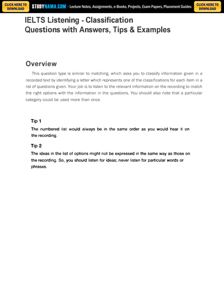 IELTS Listening Classification Questions With Answers, Tips - Examples ...