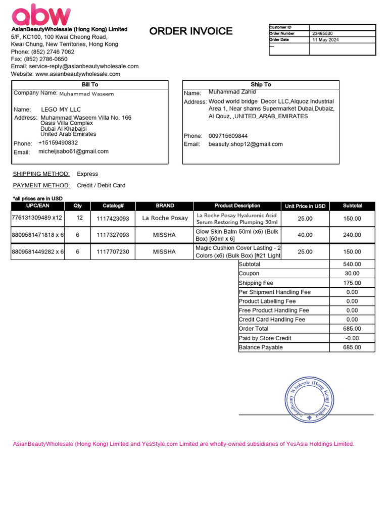 Asian Beauty Wholesale Order Invoice | PDF | Business | Money