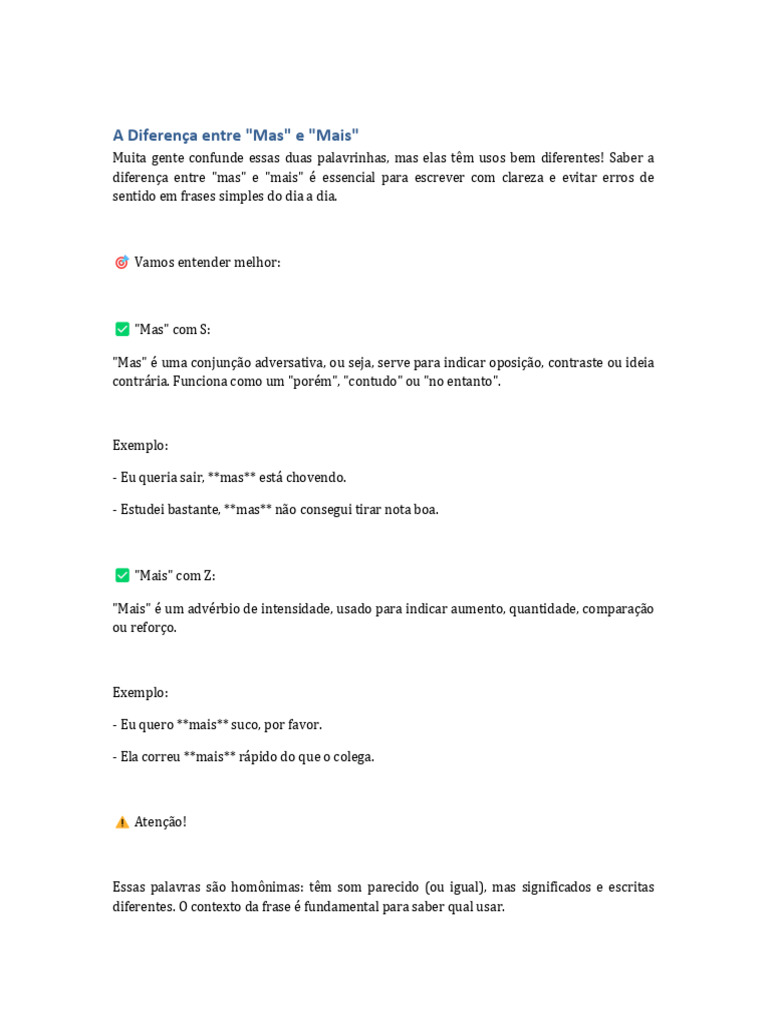 Diferença entre "Mas" e "Mais" | PDF