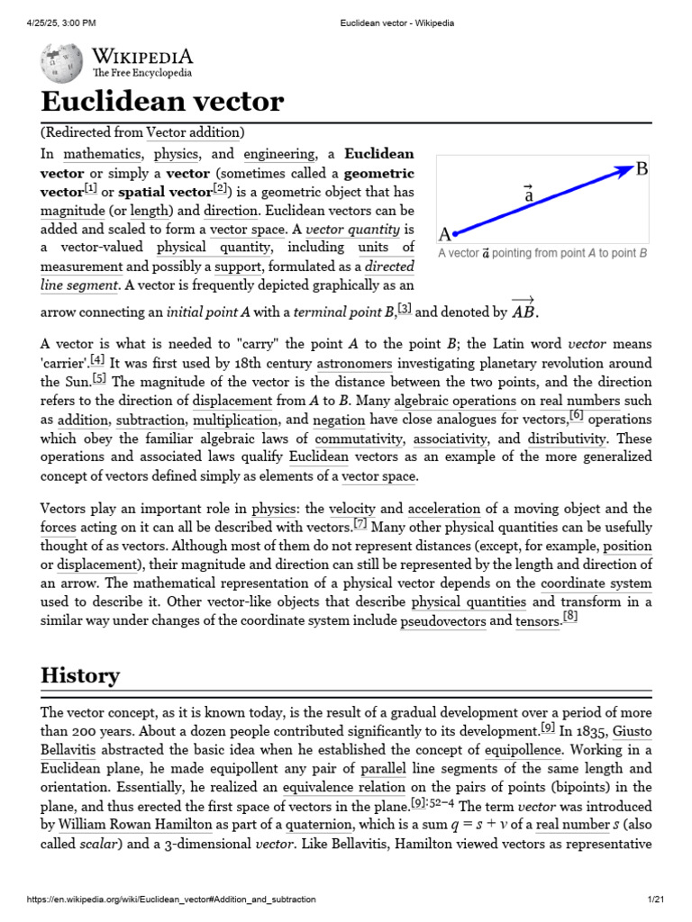 Euclidean Vector - Wikipedia | PDF | Euclidean Vector | Euclidean Space
