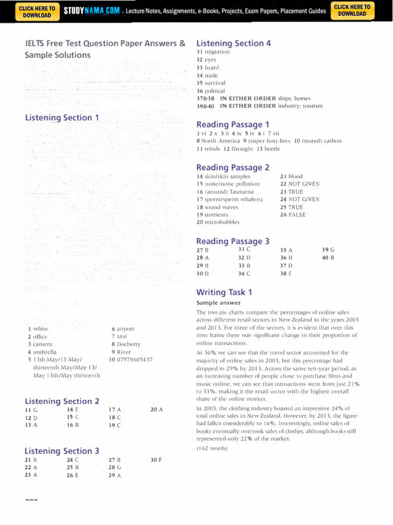 IELTS Free Test Question Paper Answers - Sample Solutions | PDF