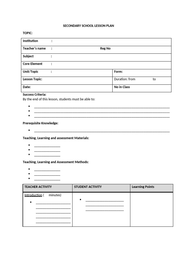 Secondary School Lesson Plan Template | PDF