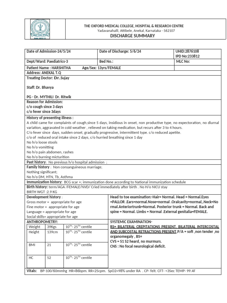 Discharge Summary for Bronchopneumonia | PDF | Diseases And Disorders | Medical Specialties