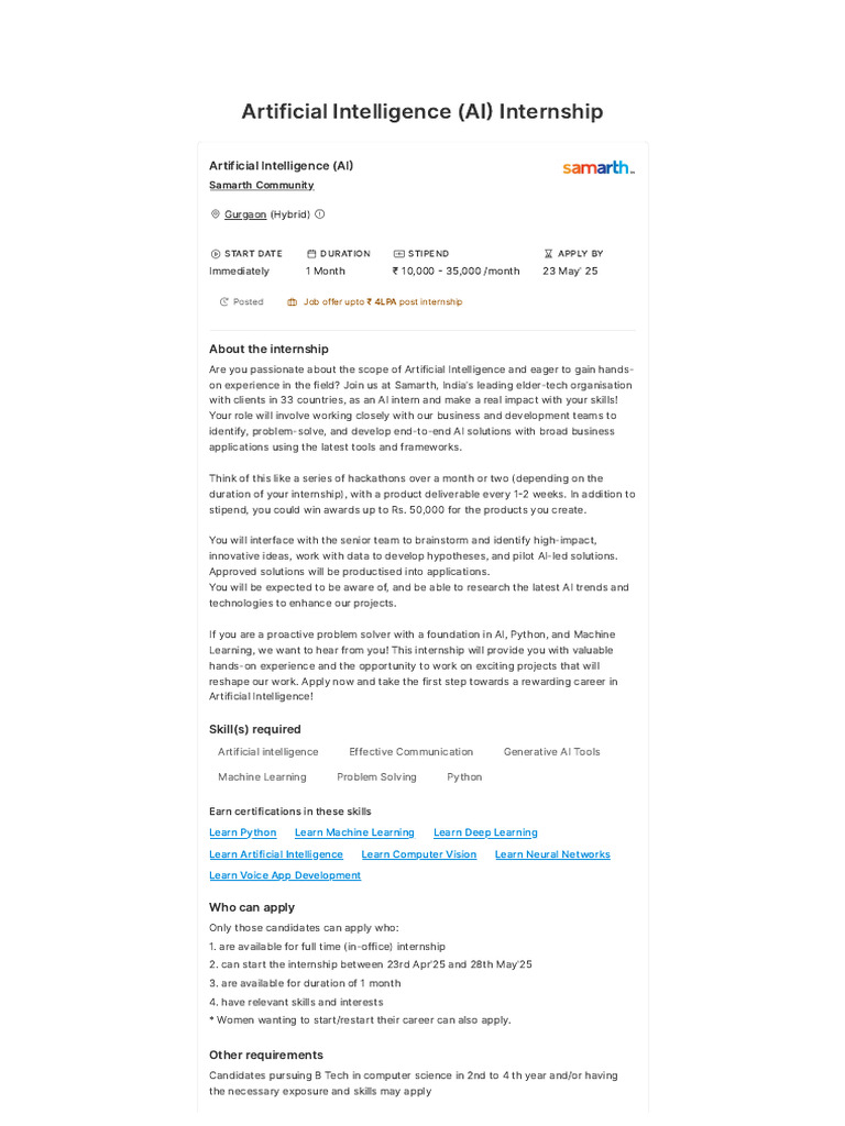 Artificial Intelligence (AI) Internship in Gurgaon at Samarth Community | PDF | Artificial ...