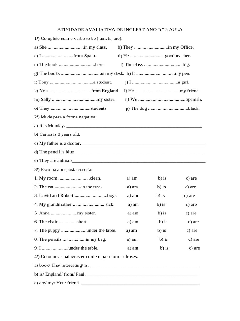 Atividade Avaliativa de Ingles 7 Ano | PDF