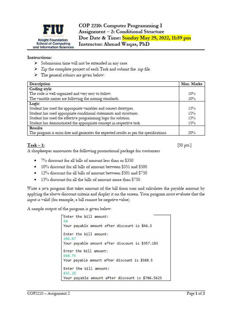 COP2210 Assignment 2: Java Programming Tasks | PDF | Computer Program | Programming