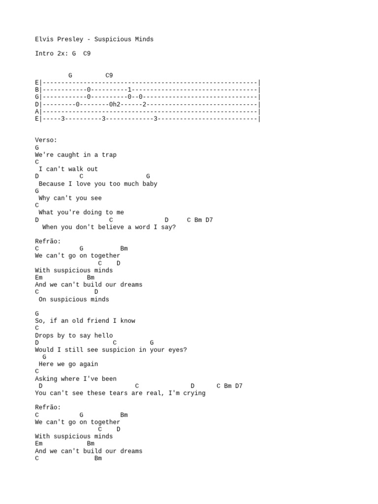 Suspicious Minds Chords and Lyrics | PDF