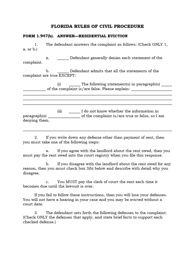 Form 1.947b Answer Residential Eviction | PDF | Landlord | Complaint
