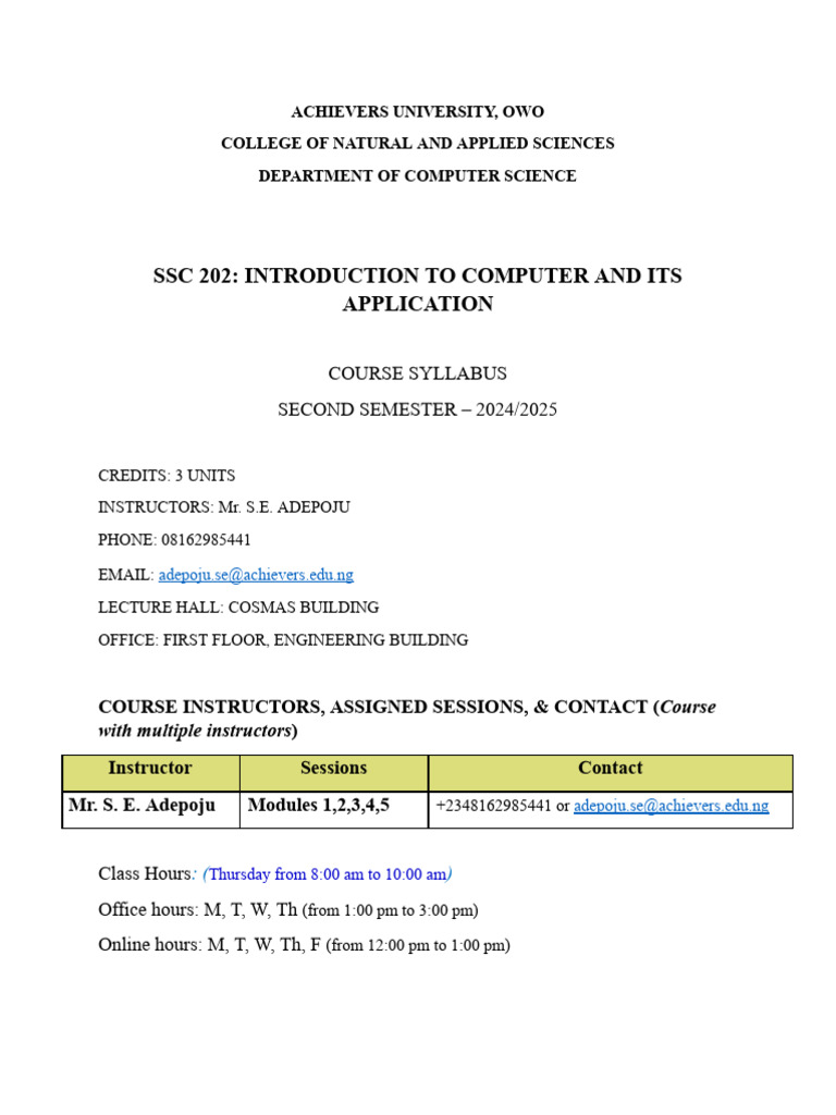 SSC 202: Intro to Computer Science Syllabus | PDF | Computing | System