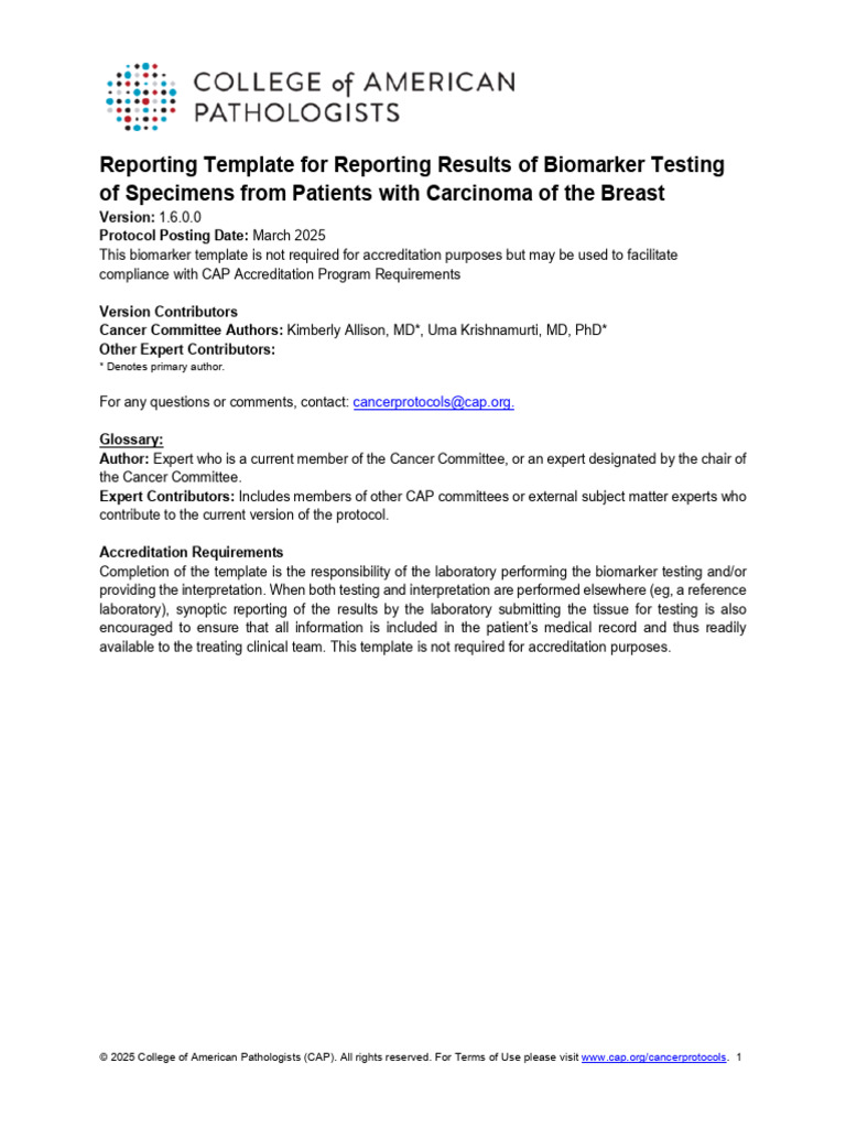 CAP 2025 Reporting Template For Reporting Results of Biomarker Testing ...