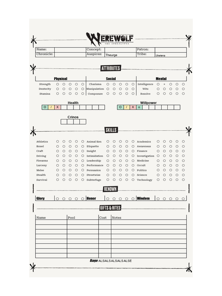 Werewolf The Apocalypse Character Sheet - XLSX - Sheet | PDF