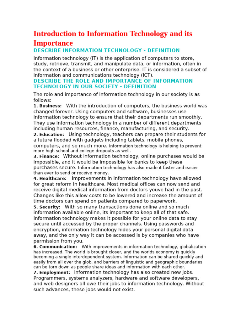 Lectura 7 Introduction To Information Technology and Its Importance | PDF | Information ...