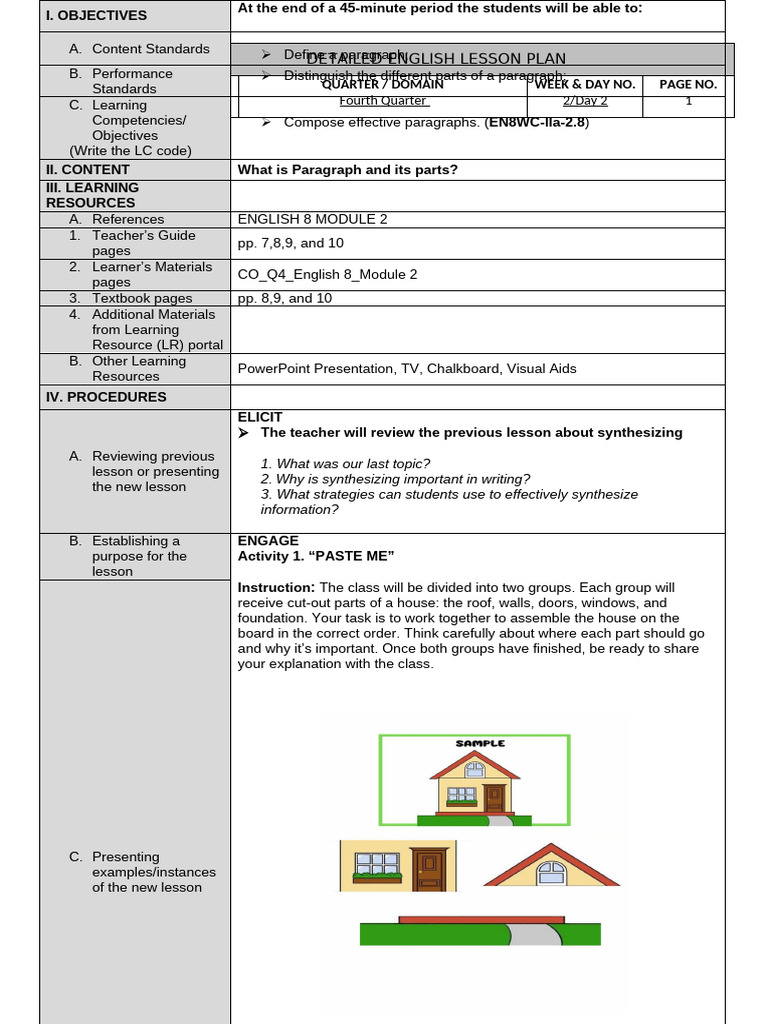 8th Grade Paragraph Writing Lesson Plan | PDF | Lesson Plan | Learning