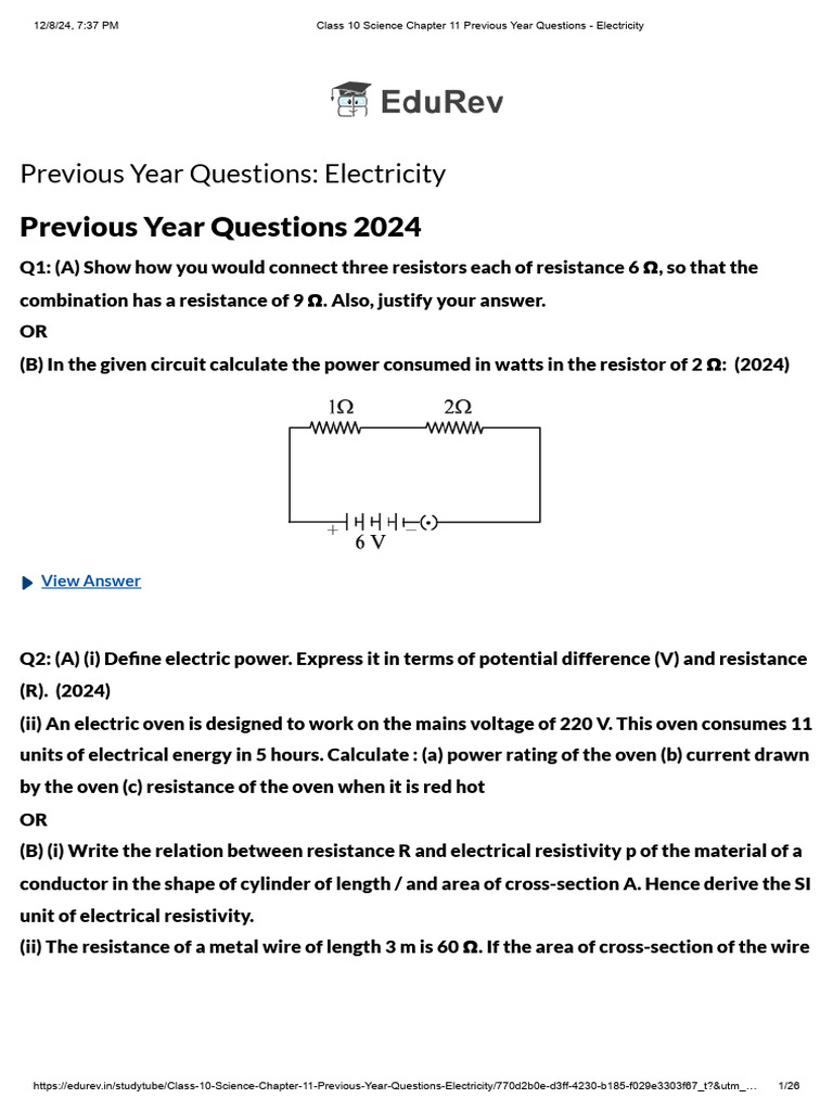 Class 10 Electricity PYQs 2024 | PDF | Series And Parallel Circuits | Voltage