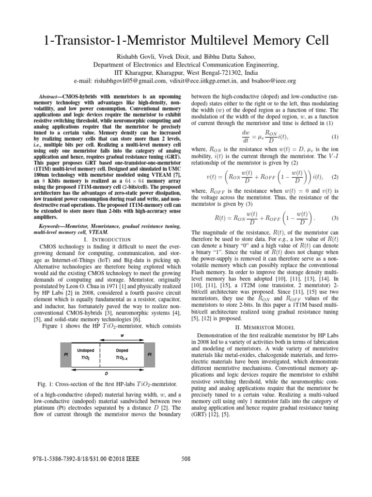1-Transistor - 1-Memristor Multilevel Memory Cell | PDF | Electrical Engineering | Electrical ...