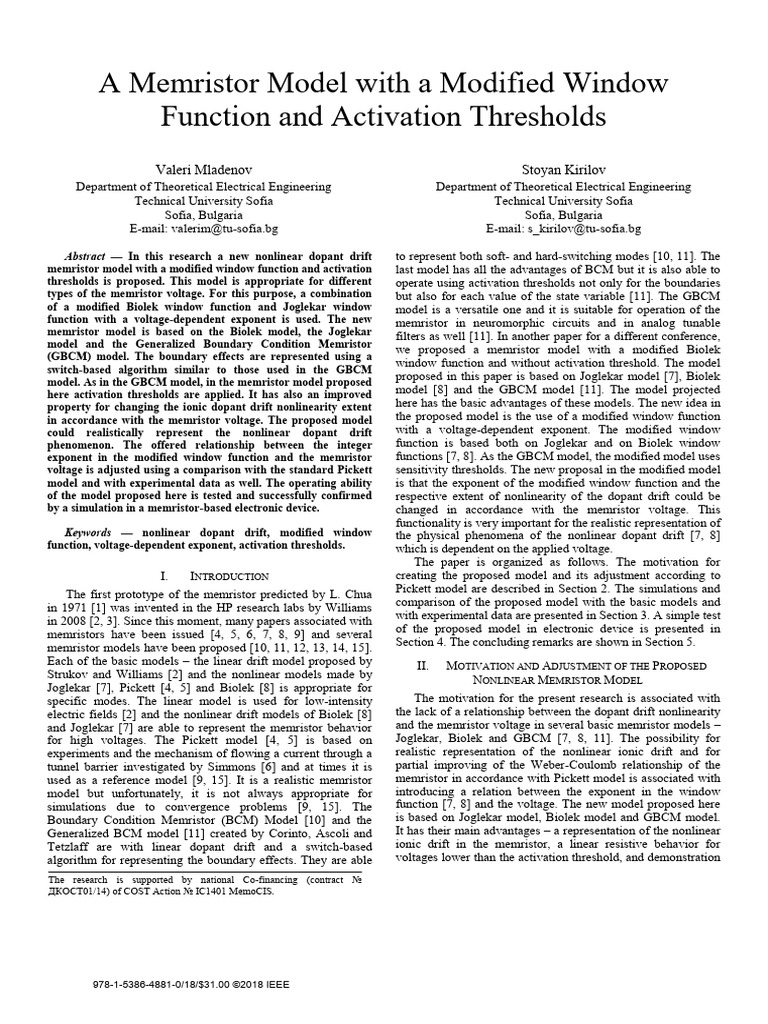A Memristor Model With A Modified Window Function and Activation Thresholds | PDF | Electricity ...