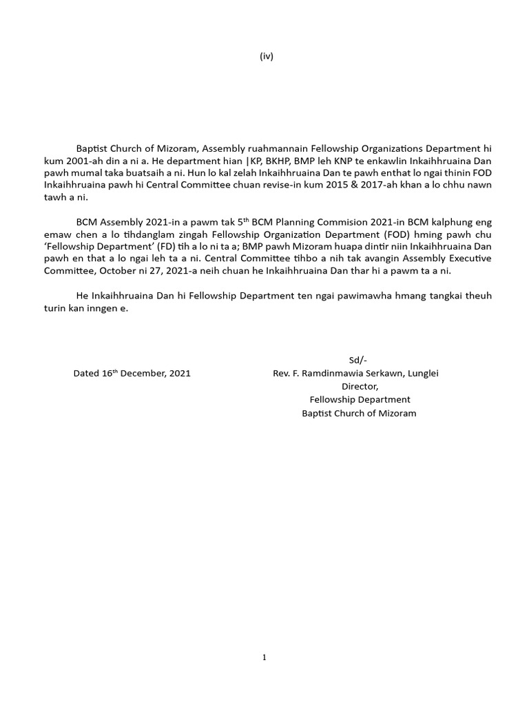 Fellowship Inkaih Hruaina (KNP) | PDF