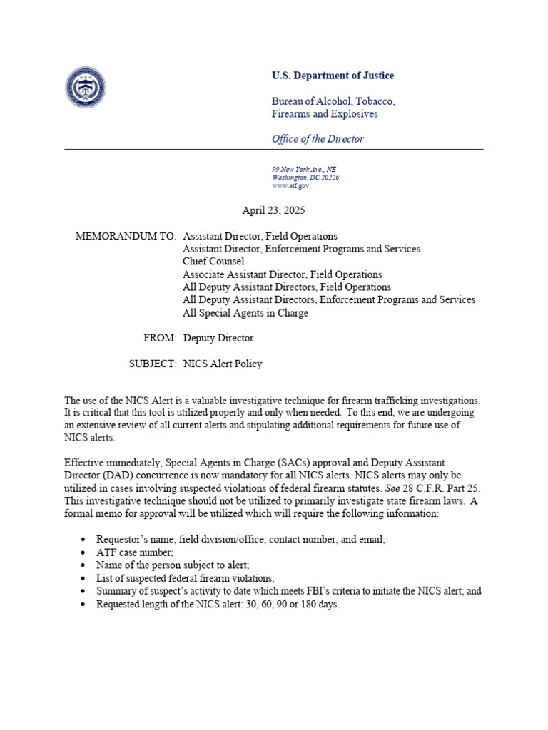 ATF Changes Policy On NICS Monitoring - NICS Alert Memo | PDF ...