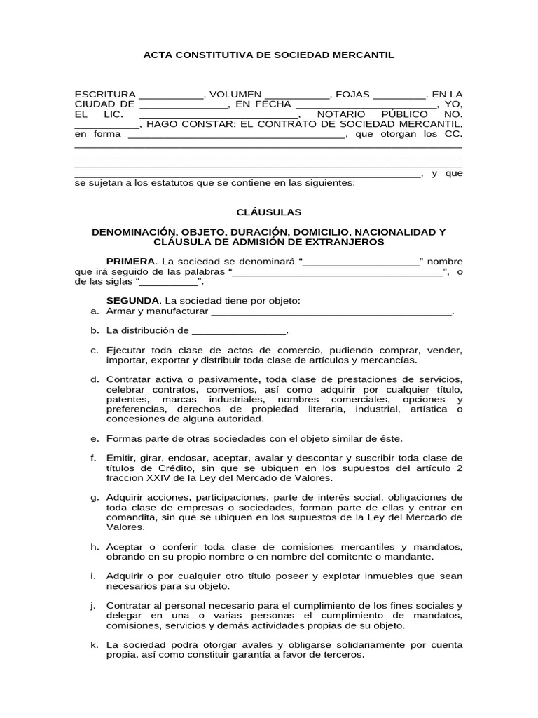 Formato para Acta Constitutiva | PDF | Sociedad de responsabilidad limitada | Compartir (Finanzas)