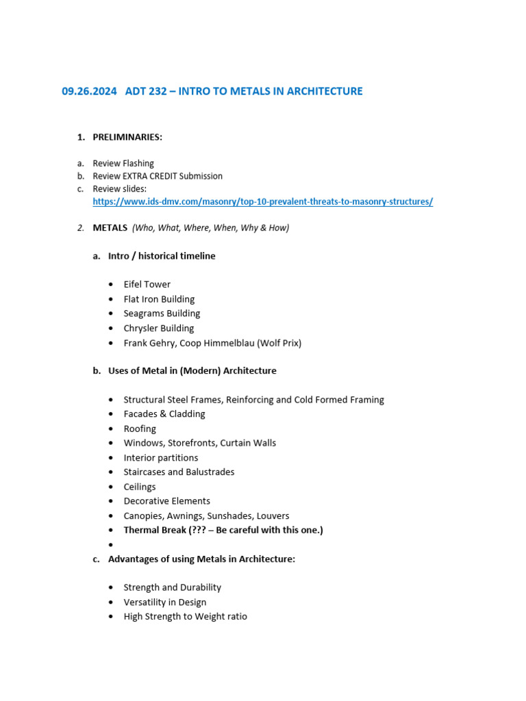 2024.09.26 Intro To Metals Outline | PDF