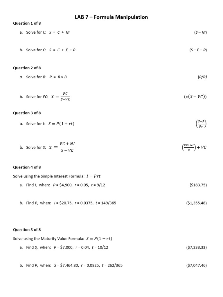 LAB 7 - Formula Manipulation | PDF