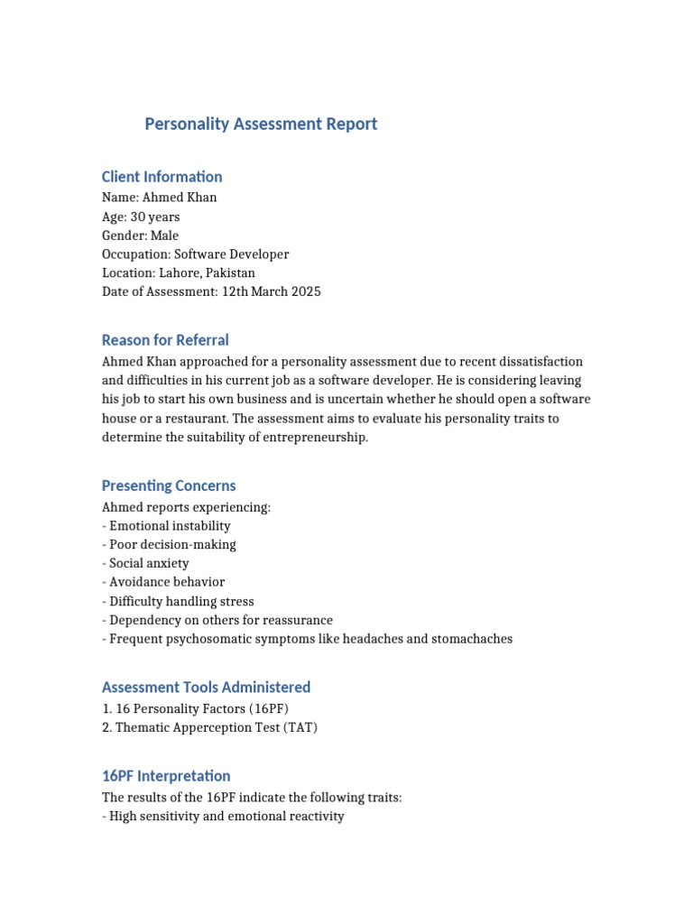 Personality Assessment for Entrepreneurial Suitability | PDF ...