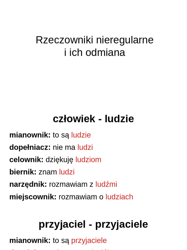 Rzeczowniki Nieregularne I Ich Odmiana 1 | PDF