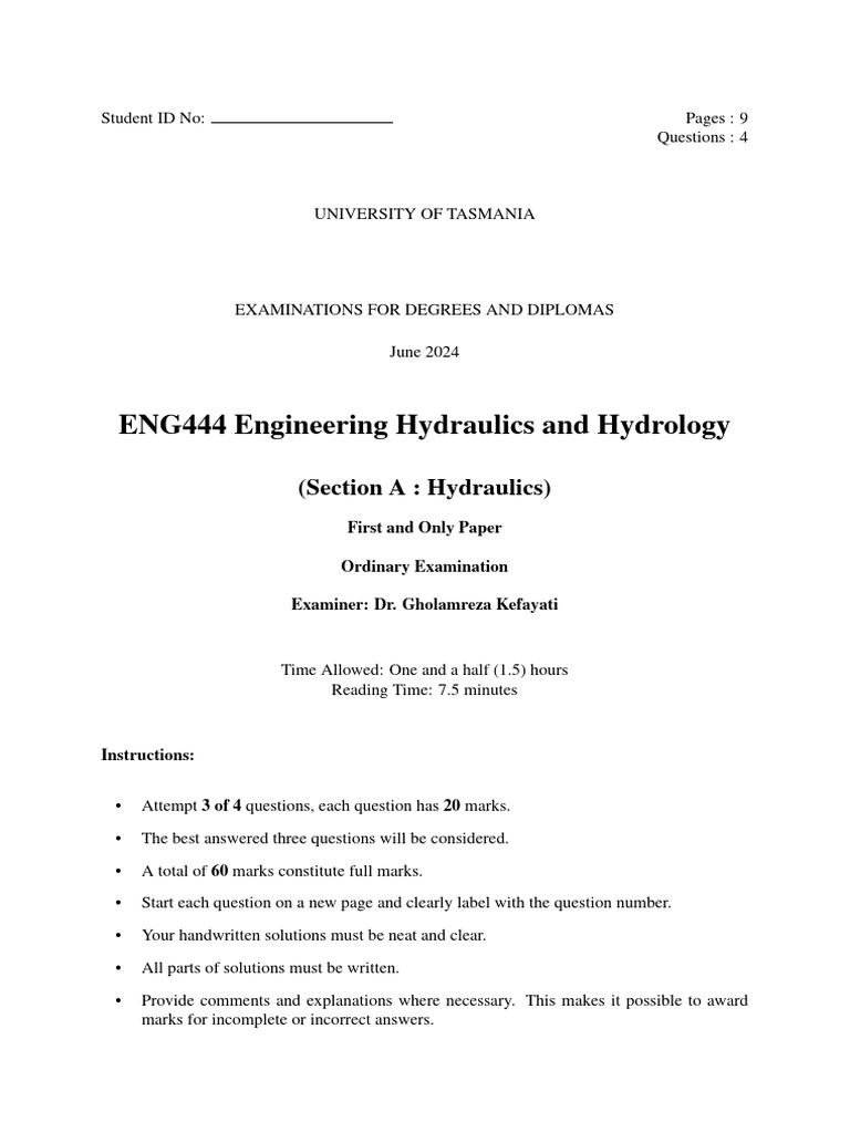 Hydraulics-Questions-2024-final-exam | PDF | Liquids | Hydrology