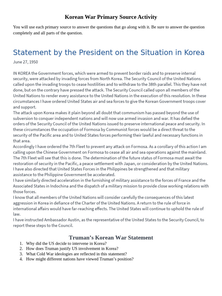 Korean War Primary Source Analysis Guide | PDF | Korean War | United ...