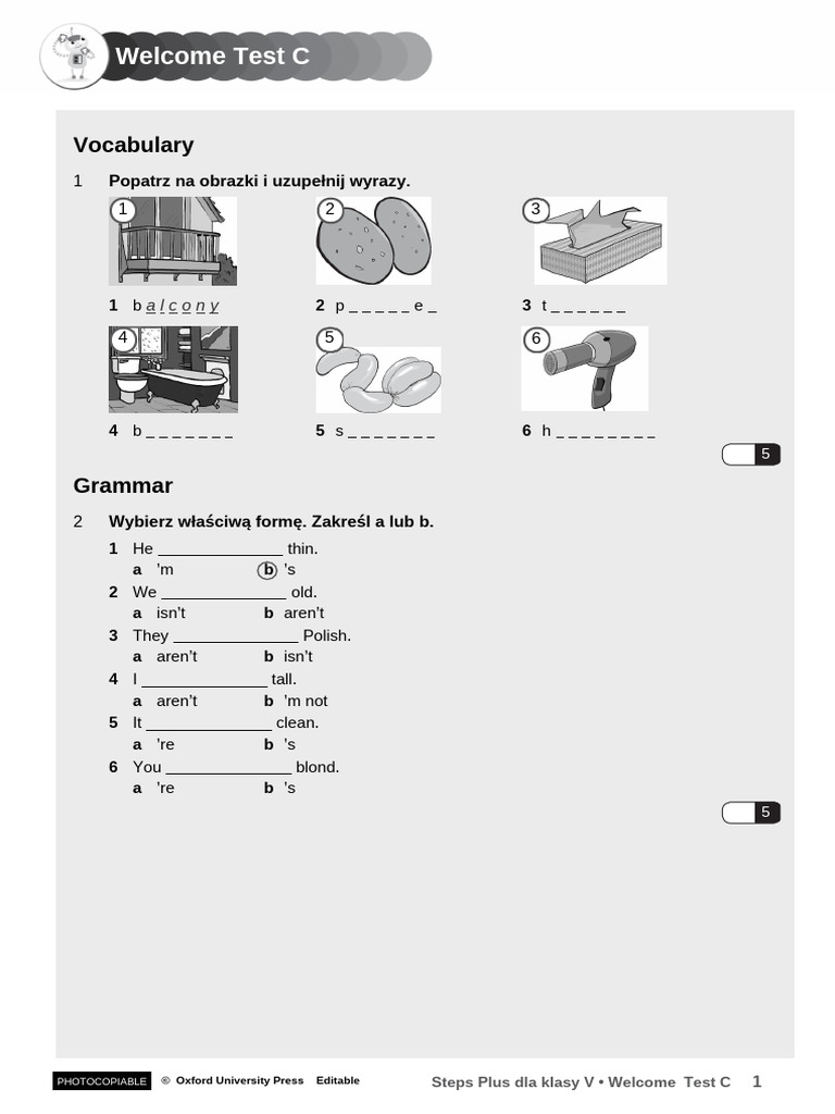 Steps Plus Class V: Welcome Test C | PDF | Room | Home