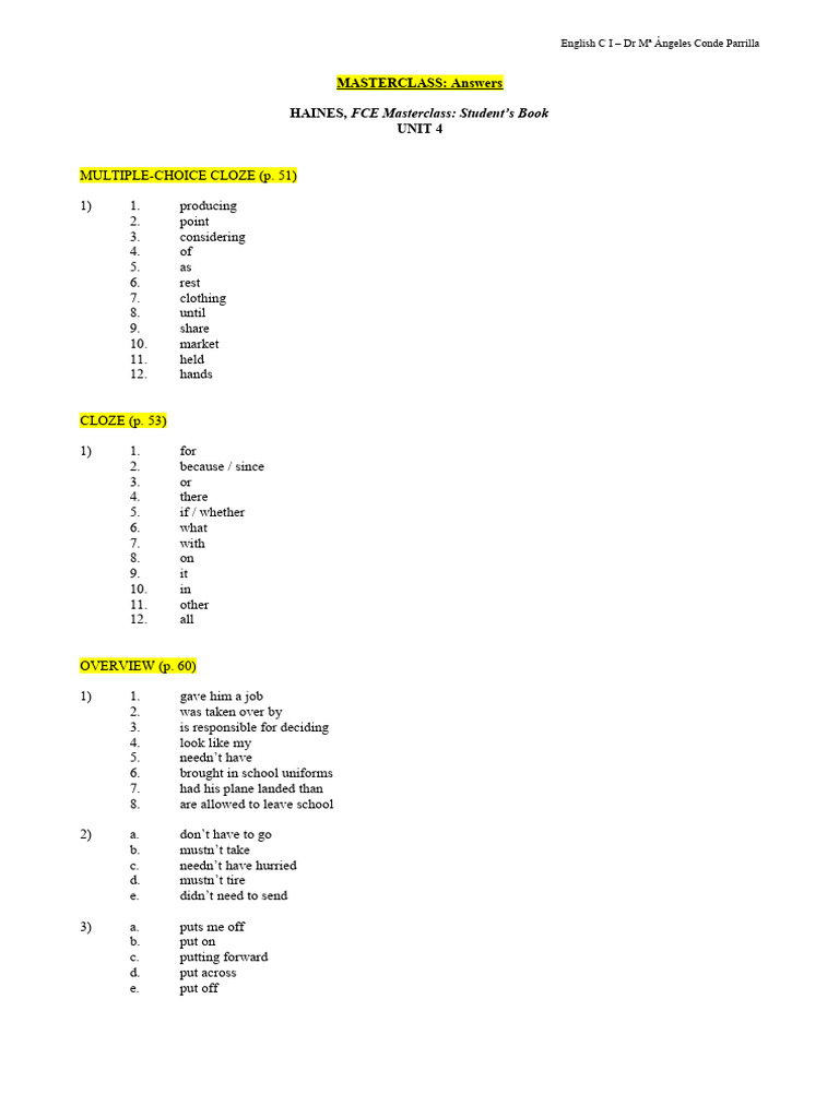 FCE Masterclass Unit 4 Answers | PDF